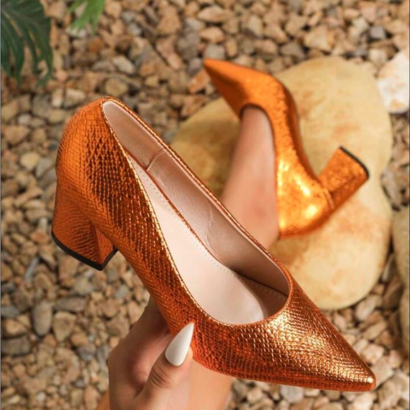 Shoes | New Burnt Orange Snakeskin Faux Block Heels Nwot | Poshmark